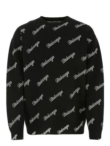 Balenciaga All Over Script Logo Knit Sweater - Black