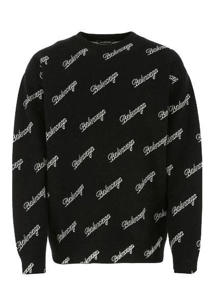 Balenciaga All Over Script Logo Knit Sweater - Black