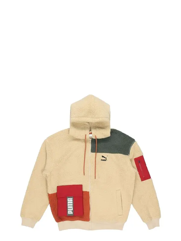 PUMA Retro Block Sherpa Full-zip Hoodie 'beige Red Green - Beige/black/red