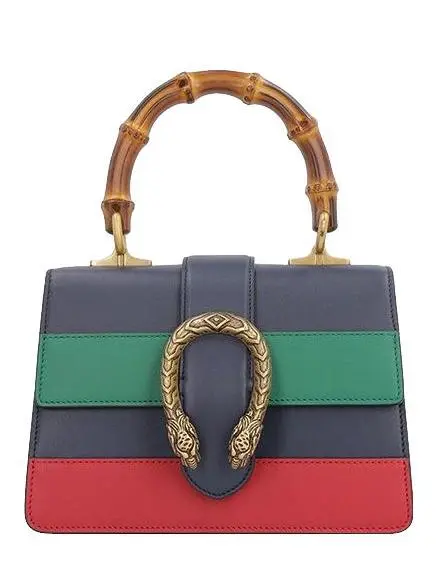 Gucci Dionysus Tiger Head Bamboo Stripe Leather Handbag - Navy