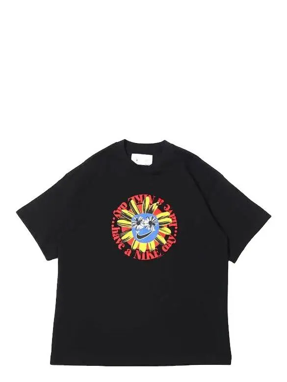 Nike Smile Flower Logo Pattern Printing Round Neck Short Sleeve Black T-shirt - Multi-color