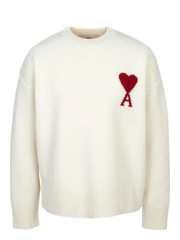 AMI Paris De Coeur' Crew Neck Knit Sweater - White