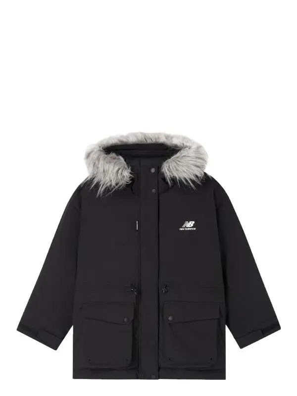 NEW BALANCE Down Parka With Fur Trimmed Hood - Black/grey