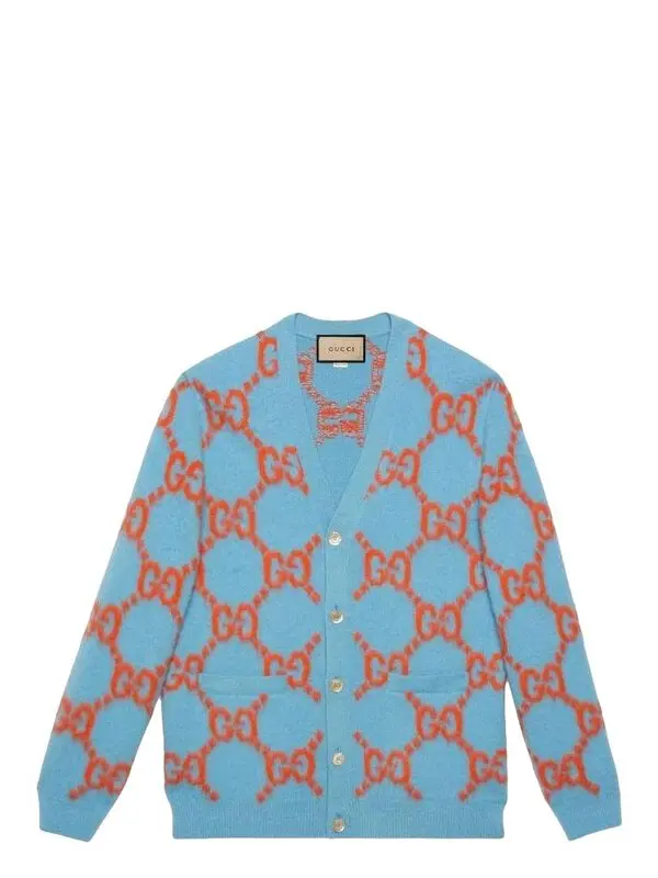 Gucci Wool Cardigan With Gg Intarsia - Light Blue/orange