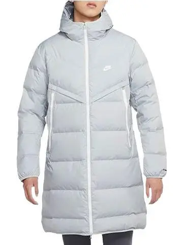 Nike Logo Sports Hooded Down Coat - Grey/white
