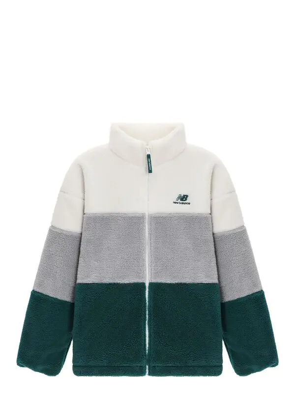 NEW BALANCE Colorblock Patch Detail Zip Up Teddy Jacket - White/grey/green