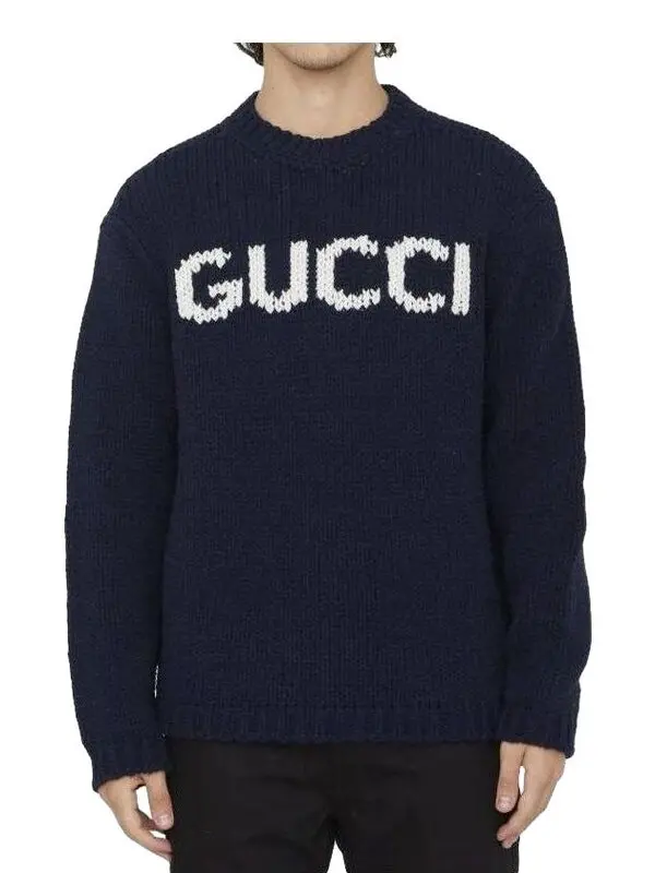 Gucci Wool Jumper With Intarsia Logo - Blue/ivory