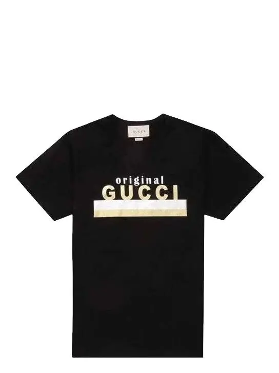 Gucci Gold And Silver Striped Letter Logo Short Sleeve Top - Black