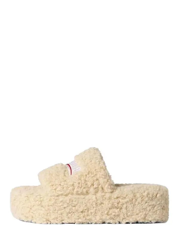 Balenciaga Platform Furry Slides - Beige/white/red