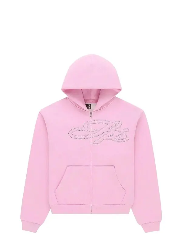 SP5DER Rhinestone Script Zip Hoodie - Light Pink