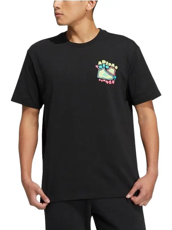 Adidas Neo Cartoon Alphabet Printing Round Neck Casual Short Sleeve Couple Style Black - Multi-color
