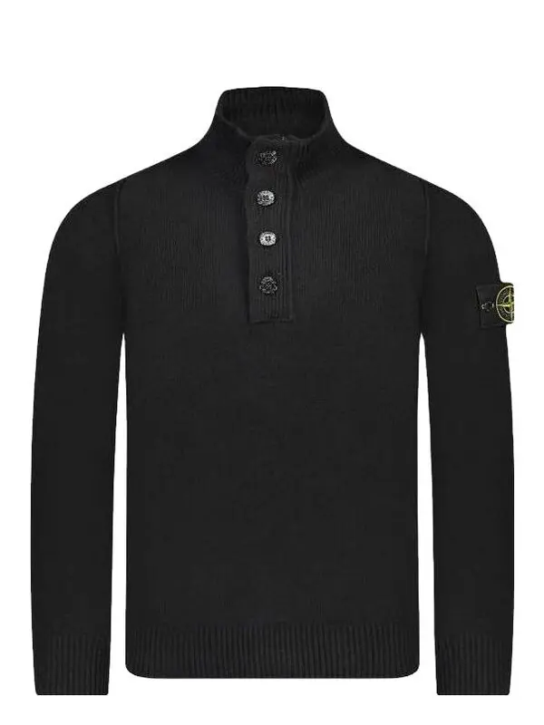 Stone Island High Neck Half Button Knit With Applique - Black