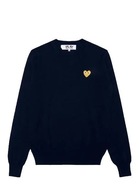 Play Comme Des Garcon V-neck Pullover With Gold Emblem - Black