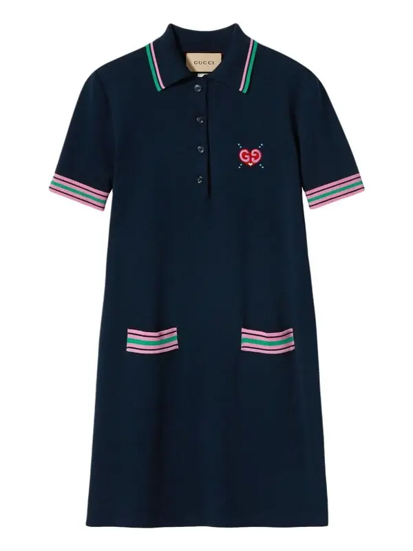 Gucci Embroidered Knit Polo Dress - Navy