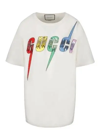 Gucci Sequined Lightning Logo Short Sleeve T-shirt - White