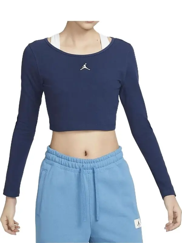 JORDAN Flight Long Sleeve Cropped Top - Navy Blue/white