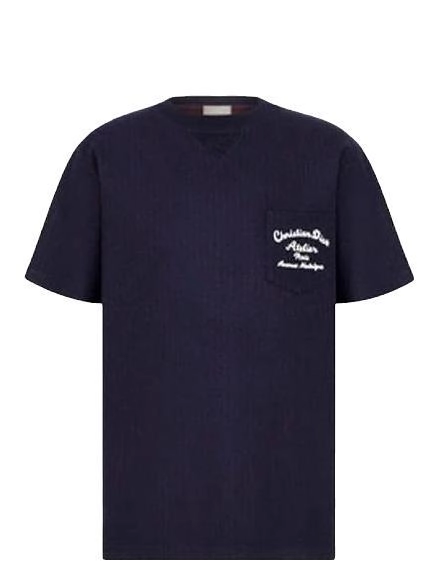 Dior Ss22 Embroidered Plain Weave Knit Short Sleeve Navy T-shirt - Blue