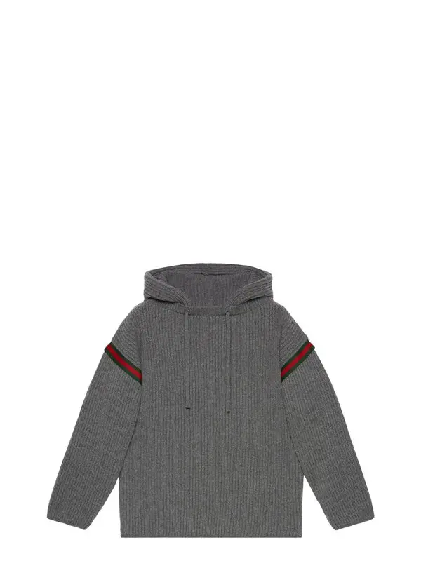 Gucci Wool Cashmere Hooded Sweater With Striped Detail - Grey