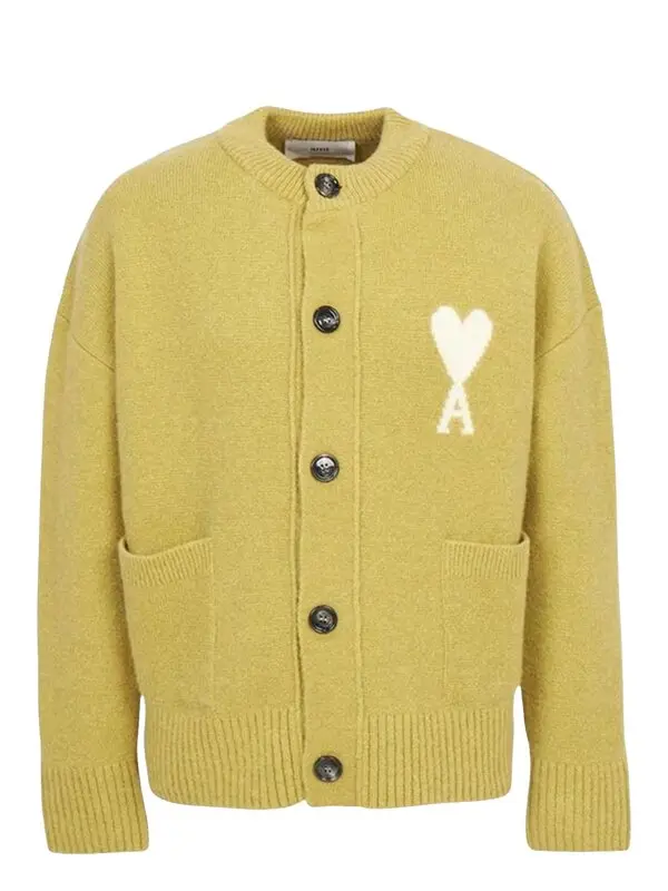 Ami Big Heart Logo Alpaca Cardigan - Lime Green/off-white