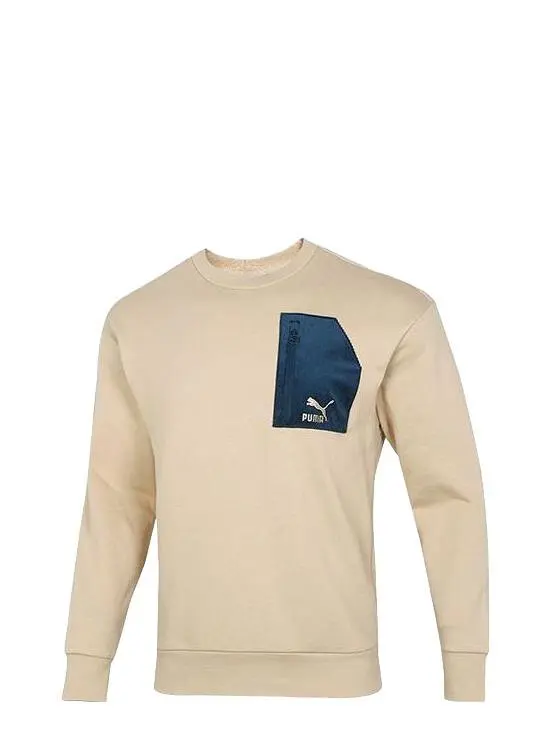 PUMA Contrasting Colors Zipper Pocket Round Neck Pullover - Khaki
