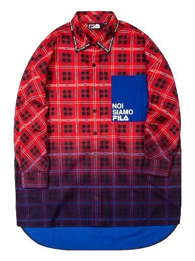 FILA FUSION Gradient Plaid Long Sleeve Shirt - Red