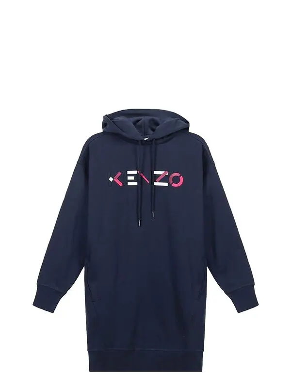 Kenzo Logo Embroidered Fleece Lined Hooded Long Sleeve Dress - Blue