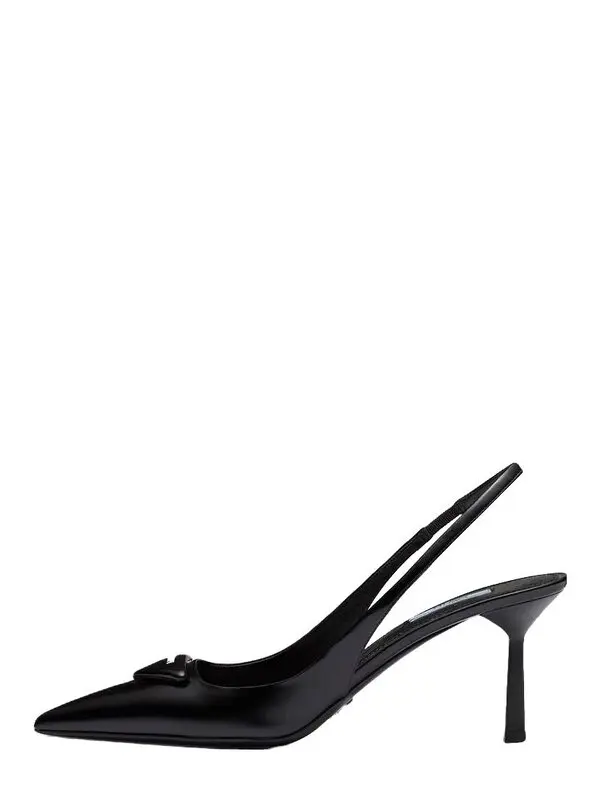 Prada Patched Logo Brushed Leather Slingback Heels - Black