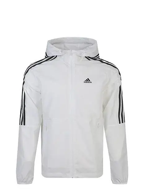 Adidas Sporty Zip-up Hooded Jacket With Striped Details - White