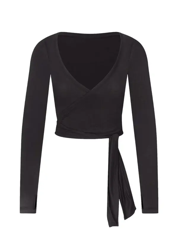 Nike X Skims Stretch Knit Wrap Long Sleeve Cropped Top - Obsidian