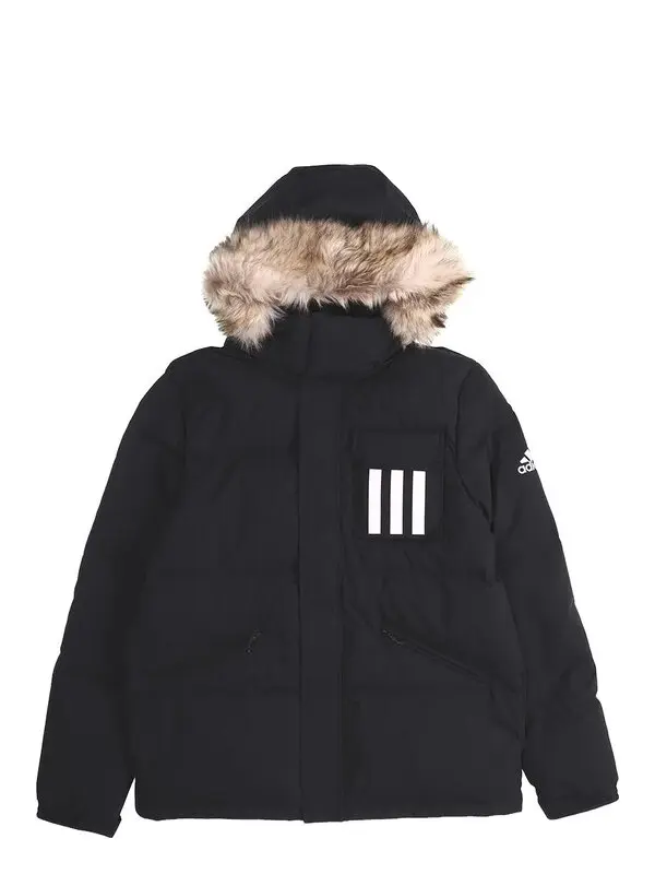 Adidas Down Puffa 3-stripes Parka With Fur Trimmed Hood - Black