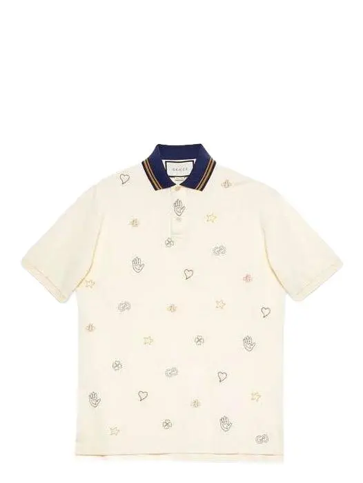 Gucci Logo Embroidered Cotton Short-sleeved Polo Shirt For White - Ivory
