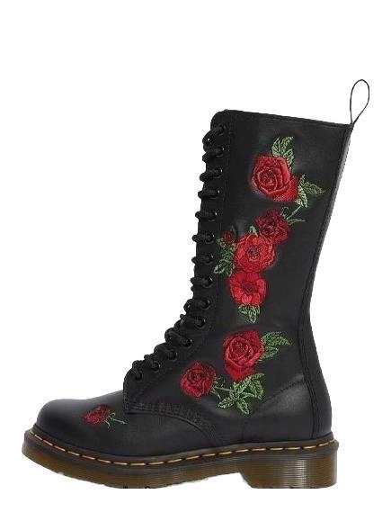 Dr. Martens 1914 Vonda Embroidered Leather Mid Calf Boots - Black/red