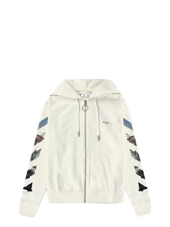 Off-White Zipped Up Printed Hooded Sweater - White