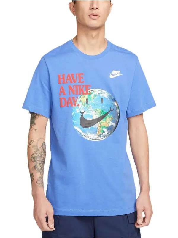 Nike Earth Pattern Logo Printing Round Neck Short Sleeve Light Racing Blue T-shirt - Multi-color
