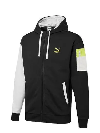 PUMA Retro Colorblock Knit Hooded Logo Zip-up Jacket - Black