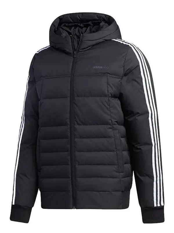 Adidas Puff Hooded Down Jacket With Signature Stripes - Black