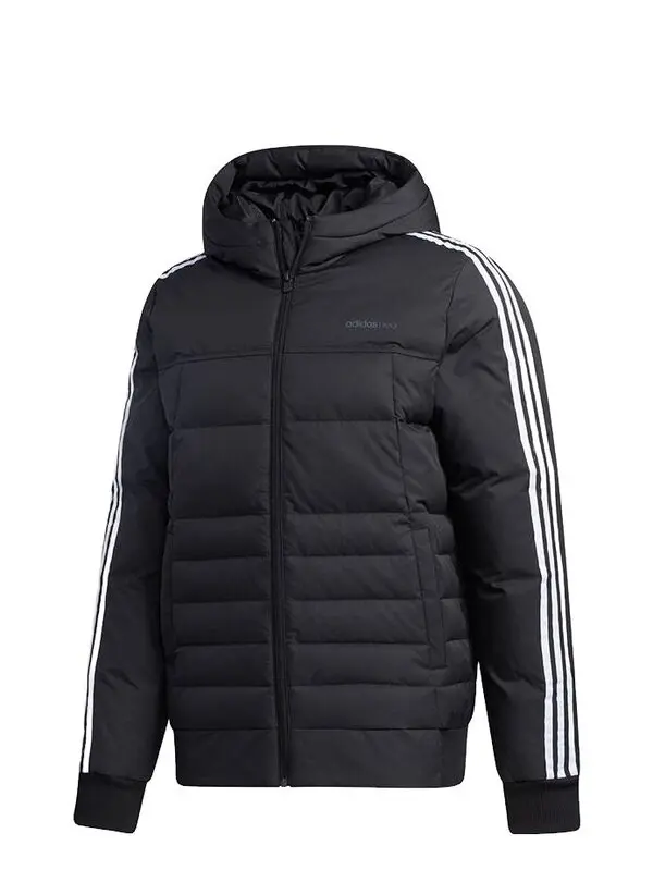 Adidas Puff Hooded Down Jacket With Signature Stripes - Black