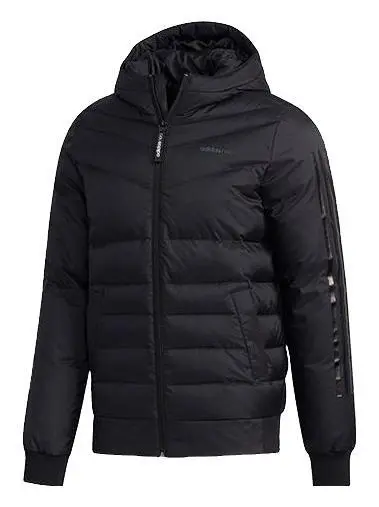 Adidas Neo Padded Hooded Down Jacket With Sporty Stripes - Black