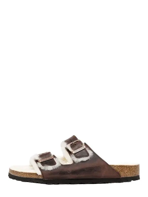 BIRKENSTOCK Arizona Shearling Oiled Leather Slides - Brown
