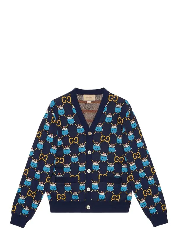 Gucci Gg Animal Cotton Wool Jacquard Cardigan - Blue