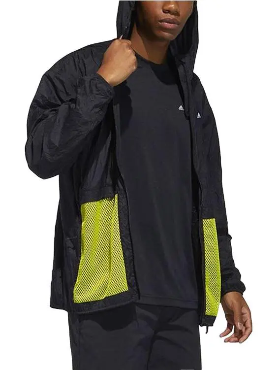 Adidas Hooded Windbreaker Jacket With Contrasting Mesh Pockets - Black