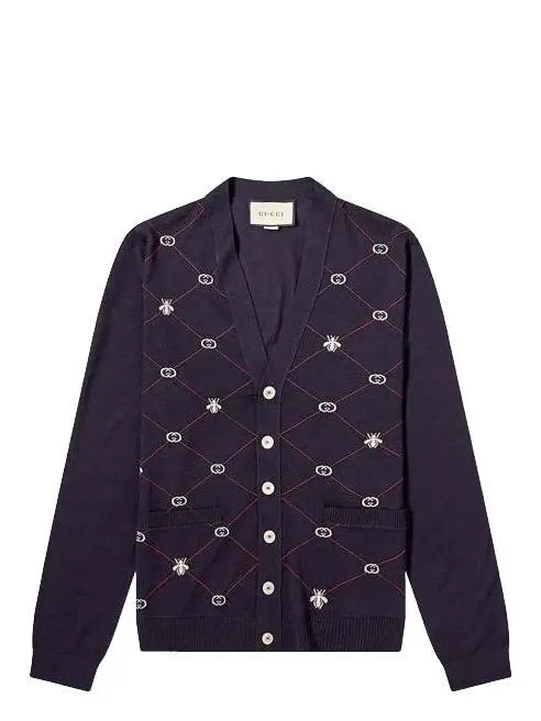 Gucci Gg Jacquard And Bee Cardigan - Dark Blue