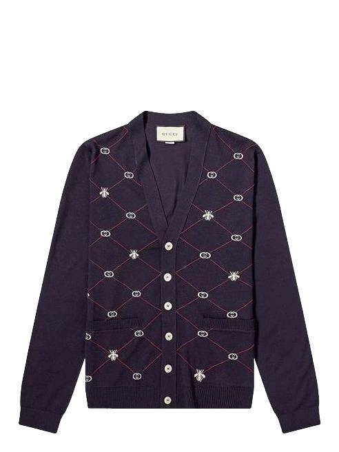 Gucci Gg Jacquard And Bee Cardigan - Dark Blue