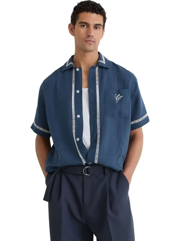 REISS Yamal Linen Embroidered Cuban-collar Shirt - Blue
