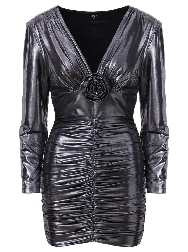 LITA COUTURE Metallic Ruched Floral Appliqué V-neck Dress - Grey