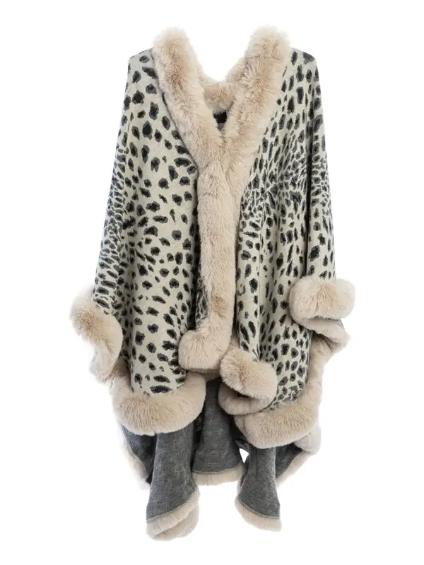 Saachi Cheetah Print Faux Fur Kimono Cape - White