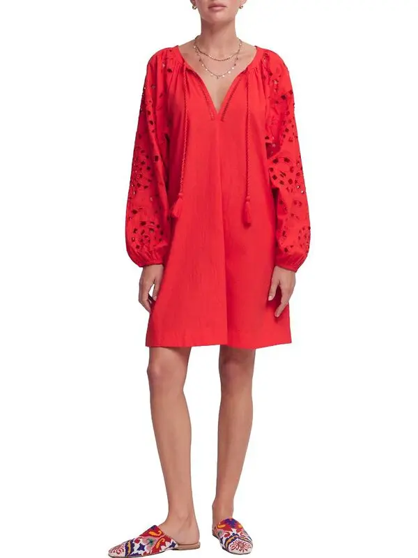 Boden Embroidered Long Sleeve Cotton Kaftan - Red Embroiderie