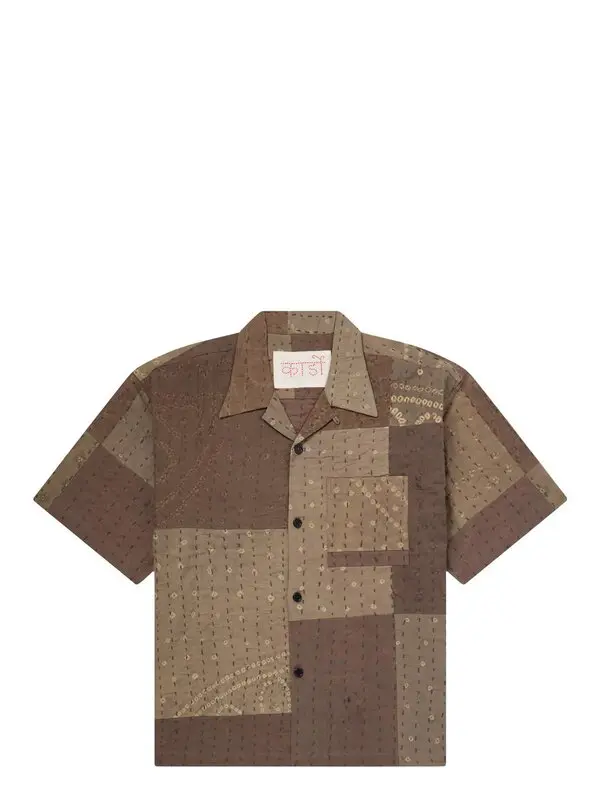 KARDO Rohit Bandhani Convertible-collar Patchwork Embroidered Cotton Shirt - Brown