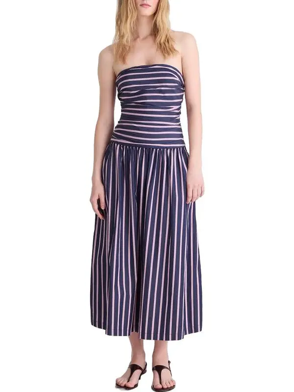 Madewell Striped Strapless Ruched Midi Dress - Classic Indigo