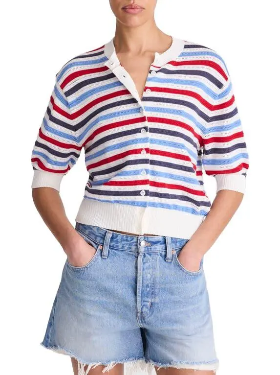 Madewell Textured Stripe Short Sleeve Cotton Cardigan - Ivory Pop Color Multi Stripe